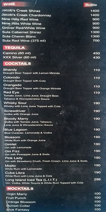Menu at Down Under, Chandigarh, PQQP+G5J