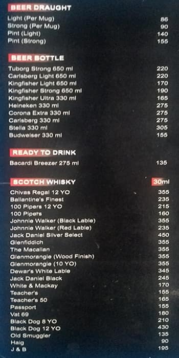 Menu at Down Under, Chandigarh, PQQP+G5J