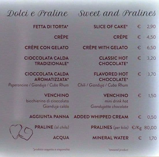 Menu at Venchi Cioccolato e Gelato, Roma Pantheon desserts, Rome