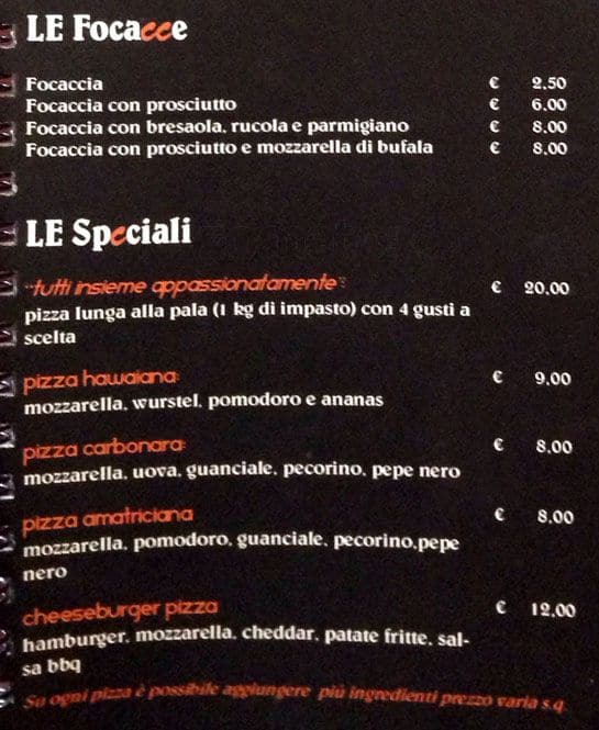 Menu da Osteria Zazà pizzeria, Roma, Via dei Capasso