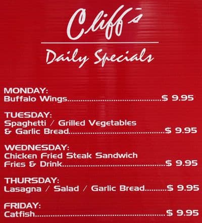 Menu at Cliff's Grill restaurant, Houston