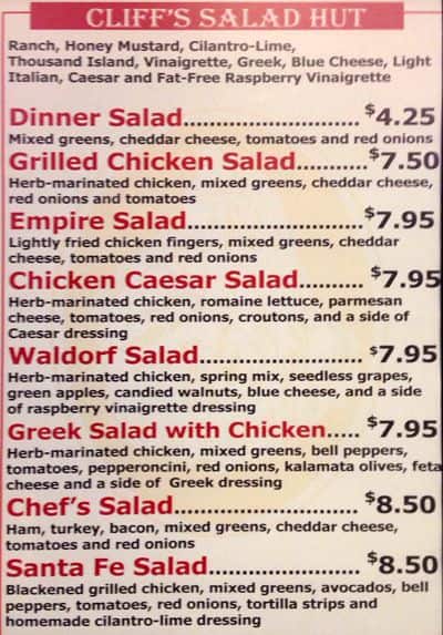 Menu at Cliff's Grill restaurant, Houston