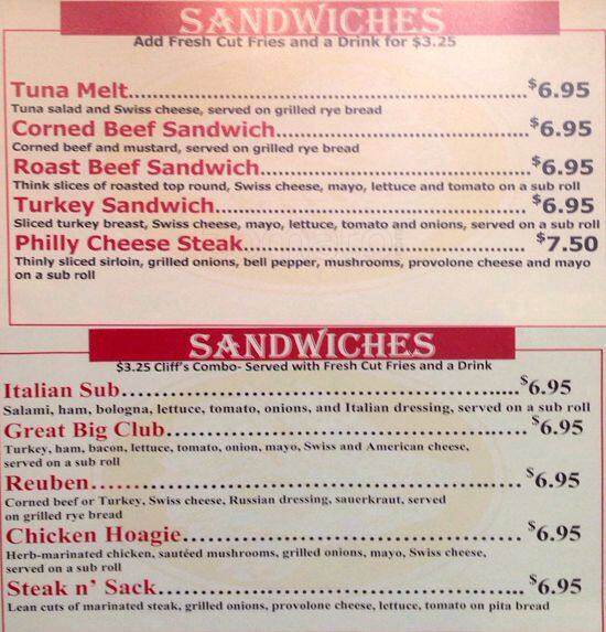 Menu at Cliff's Grill restaurant, Houston