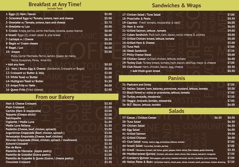 Menu at Manhattan Bakery, Sunny Isles Beach, Collins Ave