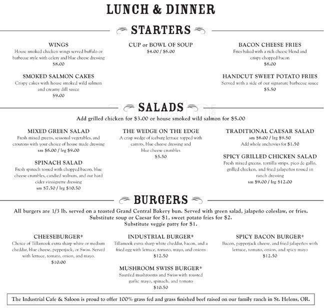 Menu at Industrial Cafe & Saloon, Portland