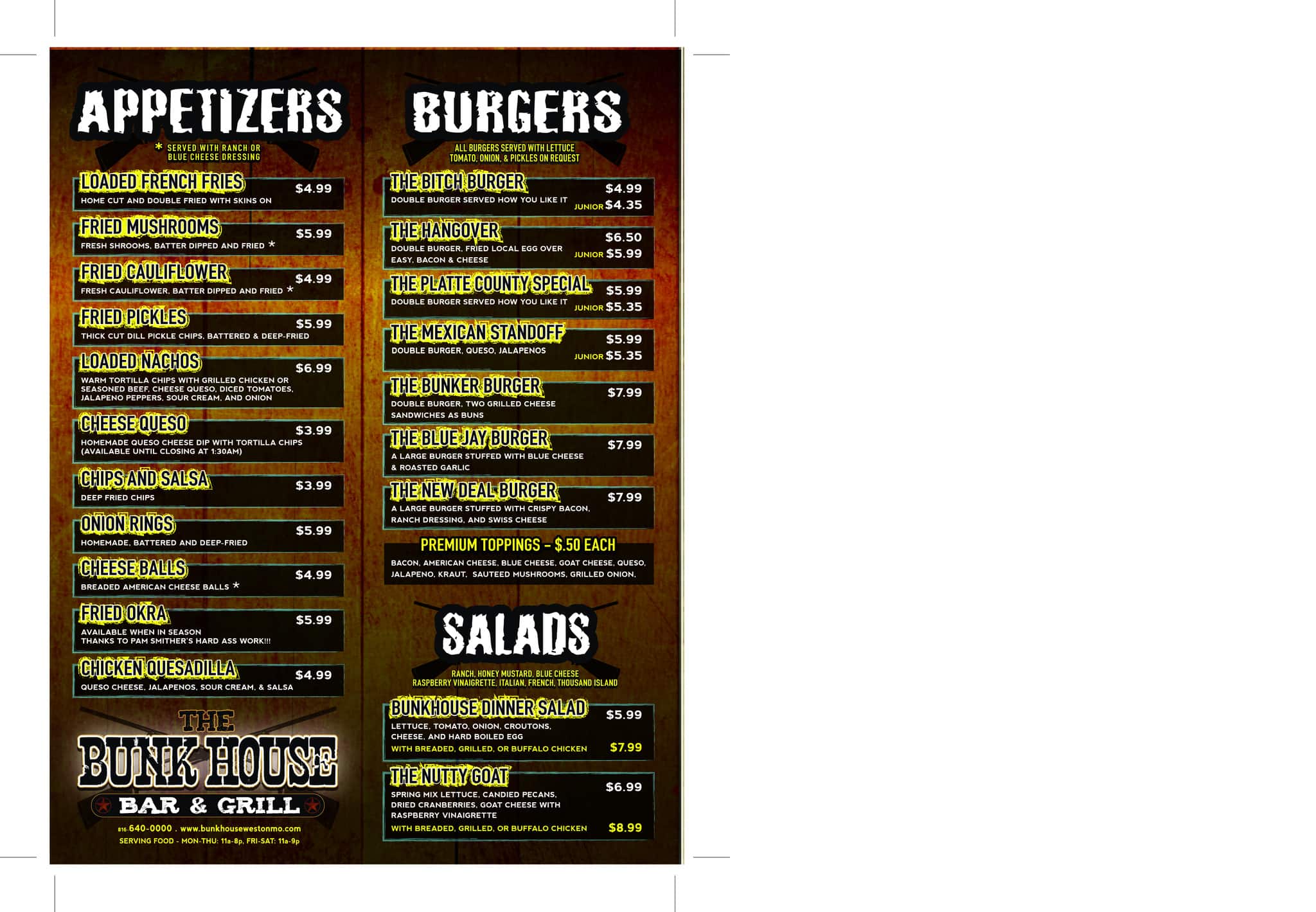 Menu at The Weston Bunk House Bar & Grill, Weston