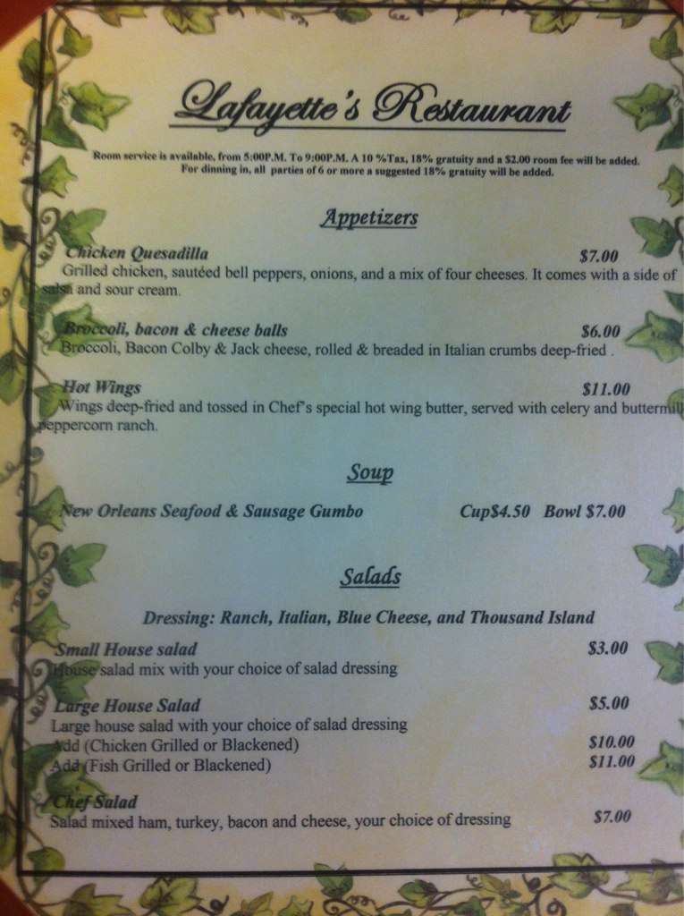 Menu at Lafayette Restaurant, Mobile