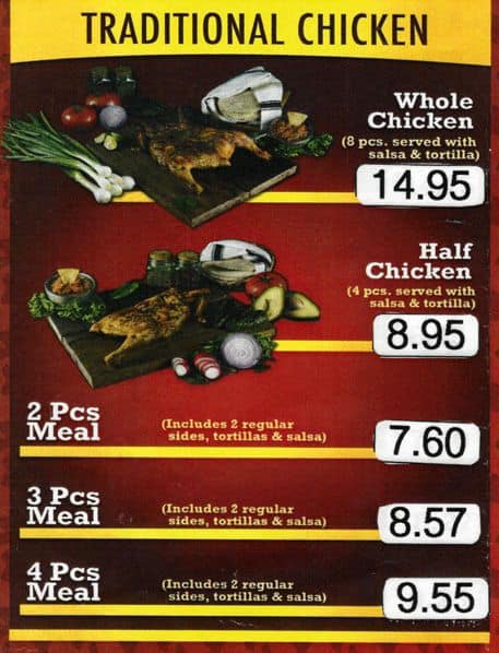 Menu at Pollo Feliz restaurant, Chicago, W 26th St