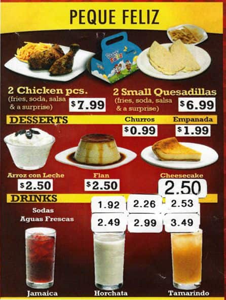 Menu at Pollo Feliz restaurant, Chicago, W 26th St
