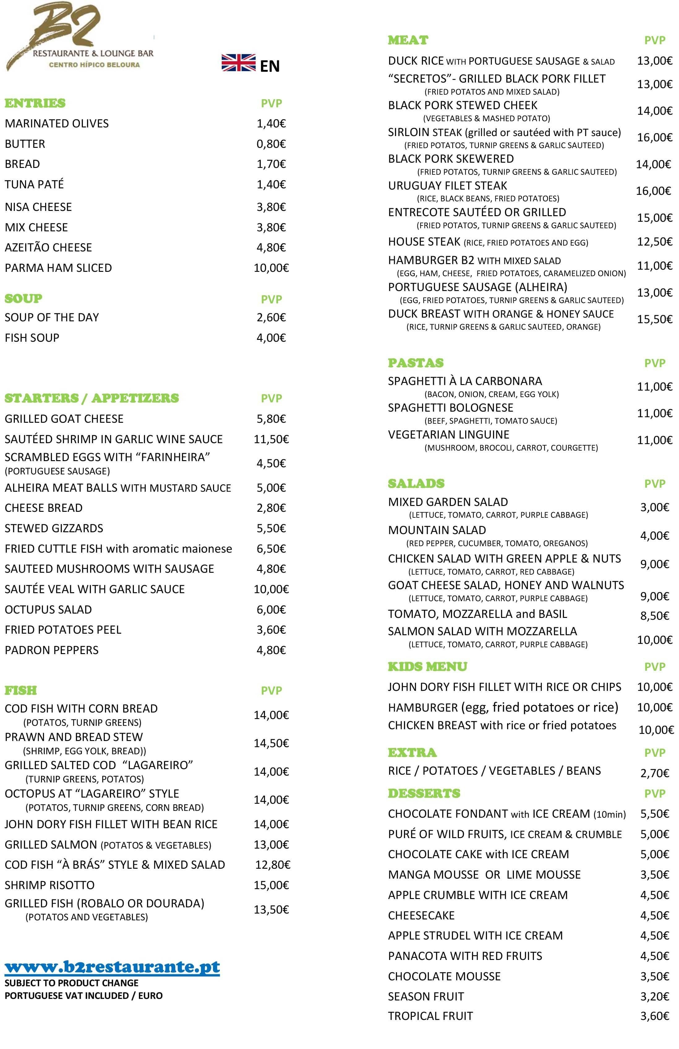 Menu at B2 restaurant, Sintra