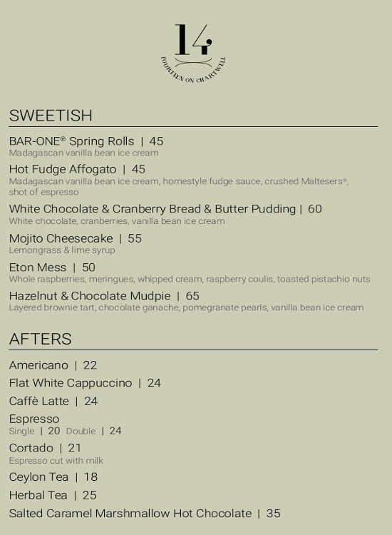 Menu at 14 on Chartwell pub & bar, Umhlanga