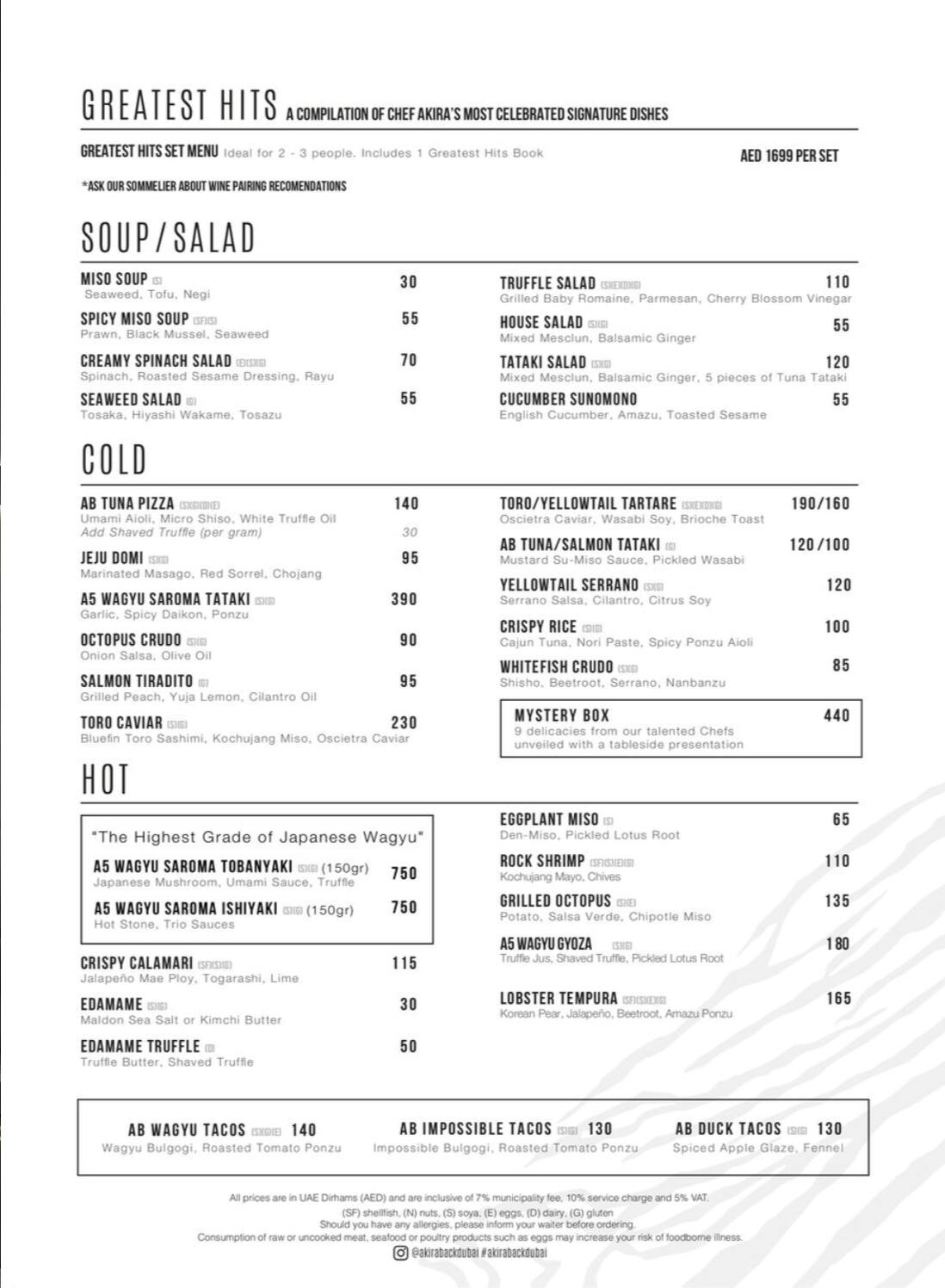 Menu of Akira Back - W Dubai The Palm, Palm Jumeirah, Dubai