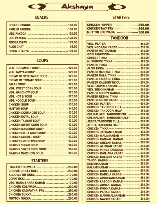 Menu of Akshaya Restaurant & Bar, Vasai, Mumbai