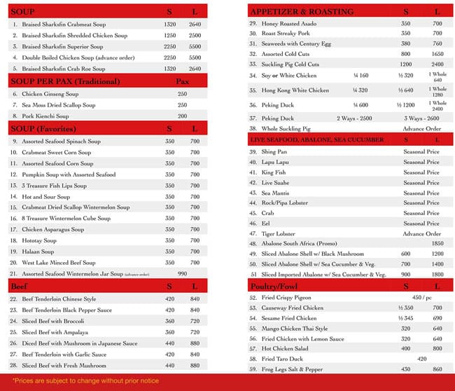 Menu at Causeway Seafood Restaurant | Banawe, Quezon City, Banawe St