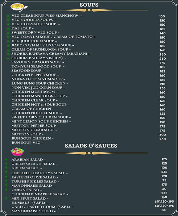 Menu of Savoury Sea Shell, Thousand Lights, Chennai