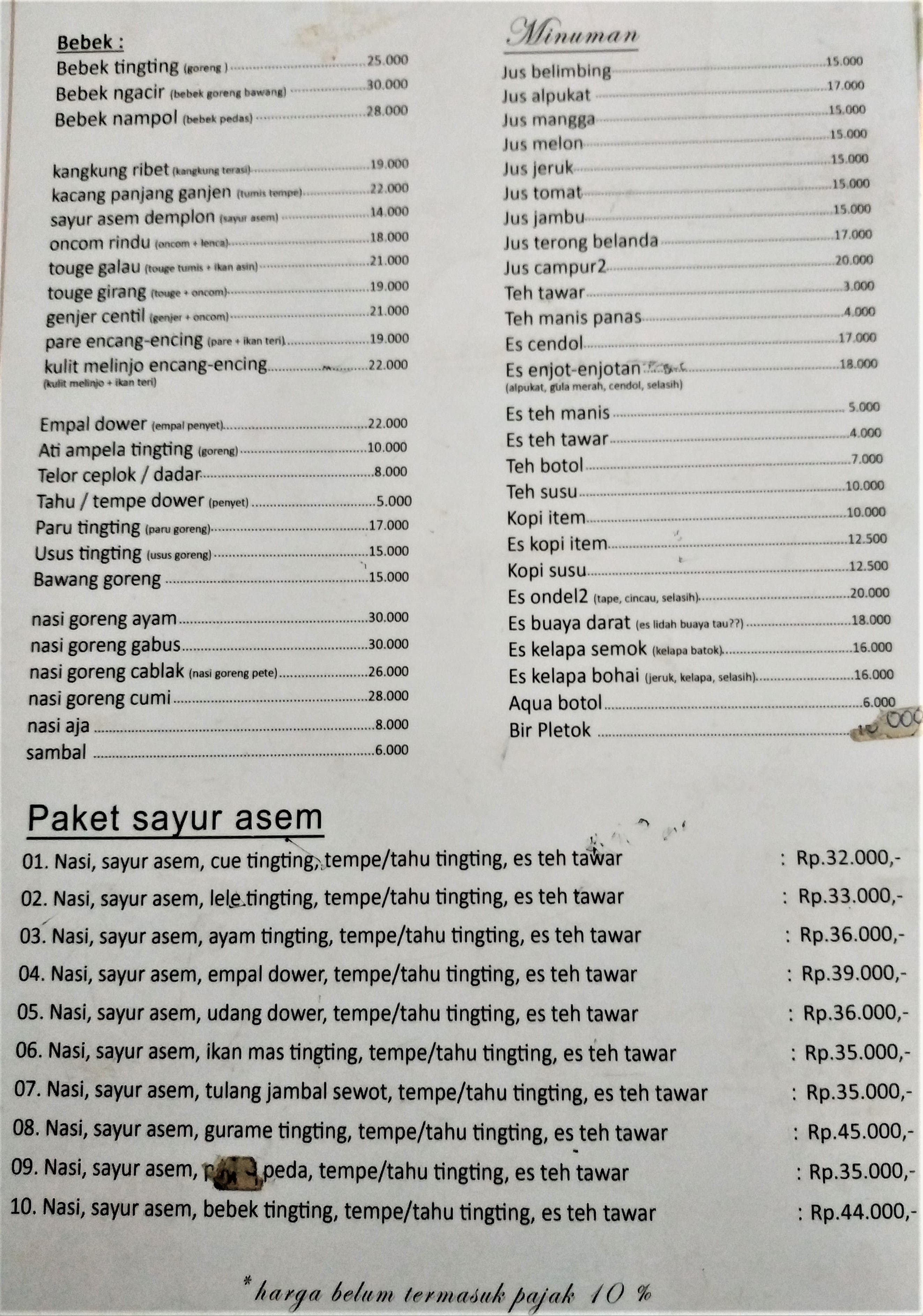 Menu at Warung Mak Dower restaurant, Jakarta, Jl. Pemuda No.72