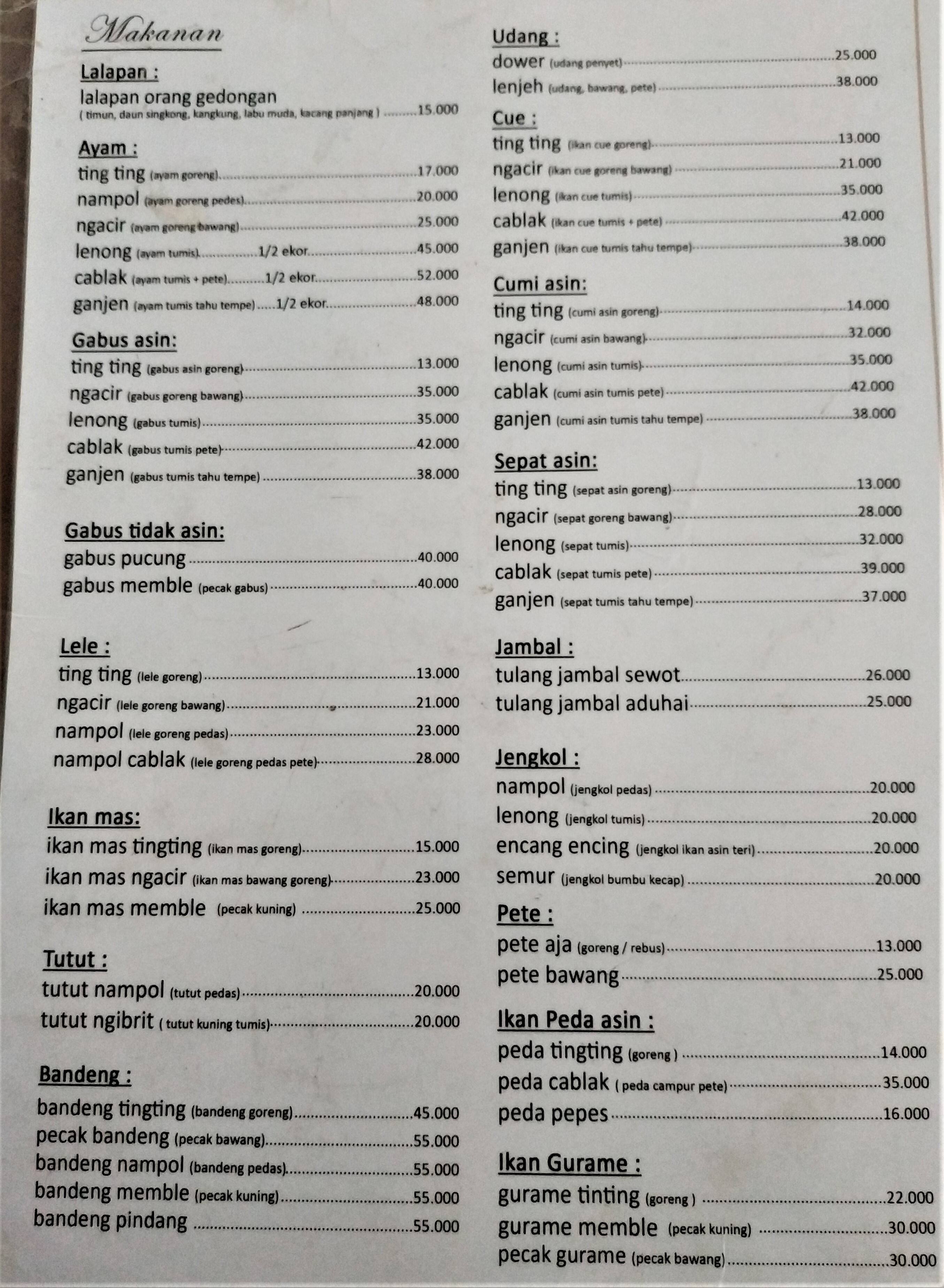 Menu at Warung Mak Dower restaurant, Jakarta, Jl. Pemuda No.72