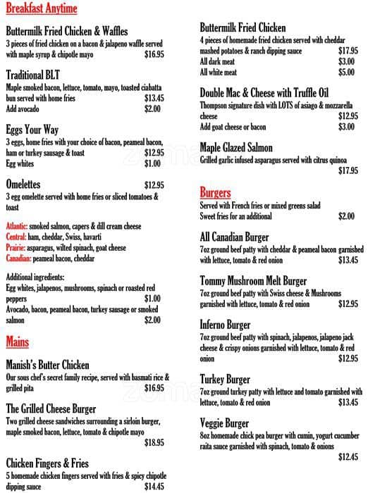 Menu at Thompson Diner pub & bar, Toronto, 51 Bathurst Street