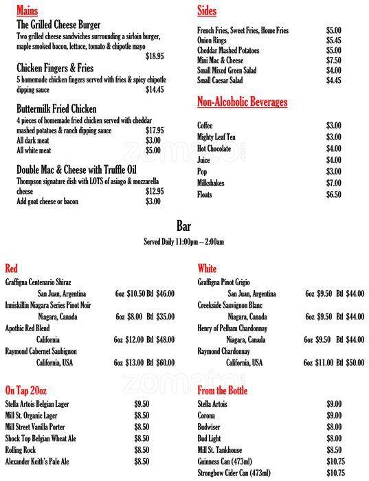 Menu au Rooftop Lounge pub et bar, Toronto