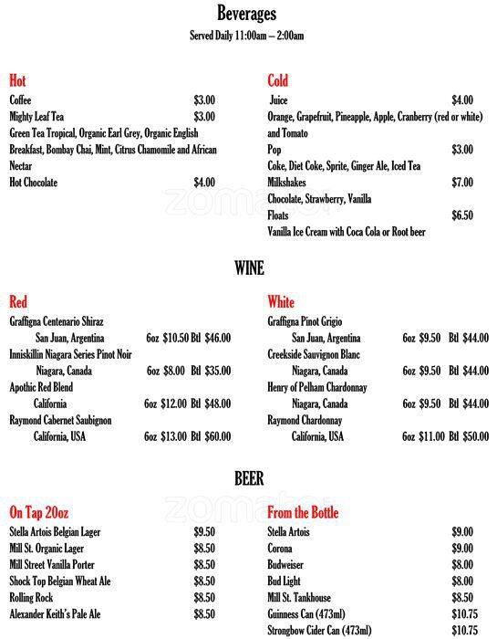 Menu au Rooftop Lounge pub et bar, Toronto