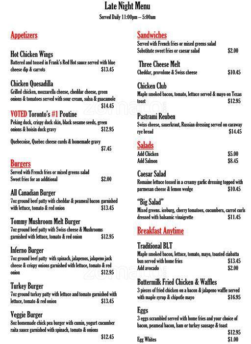 Menu au Rooftop Lounge pub et bar, Toronto