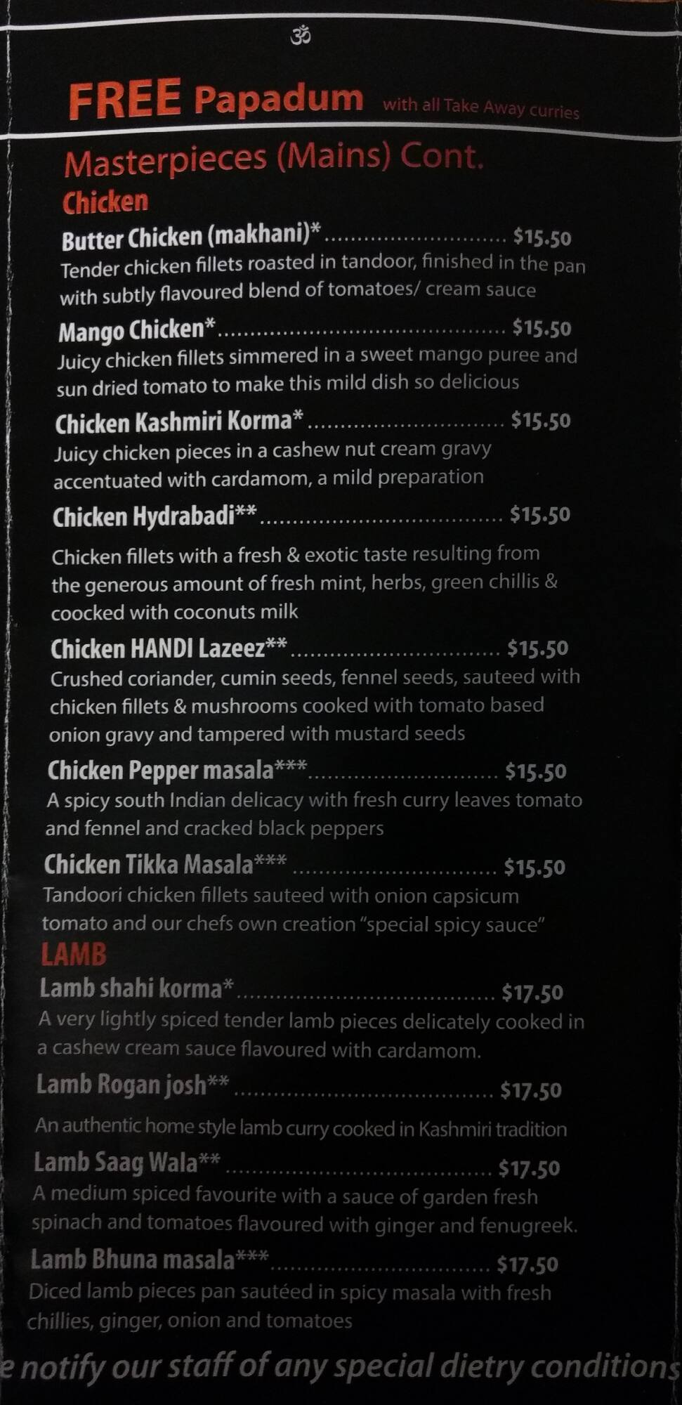 Menu at Jai Ho Indian Turramurra restaurant, Turramurra