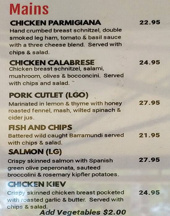 Menu at Ambassador of Redcliffe restaurant, Redcliffe