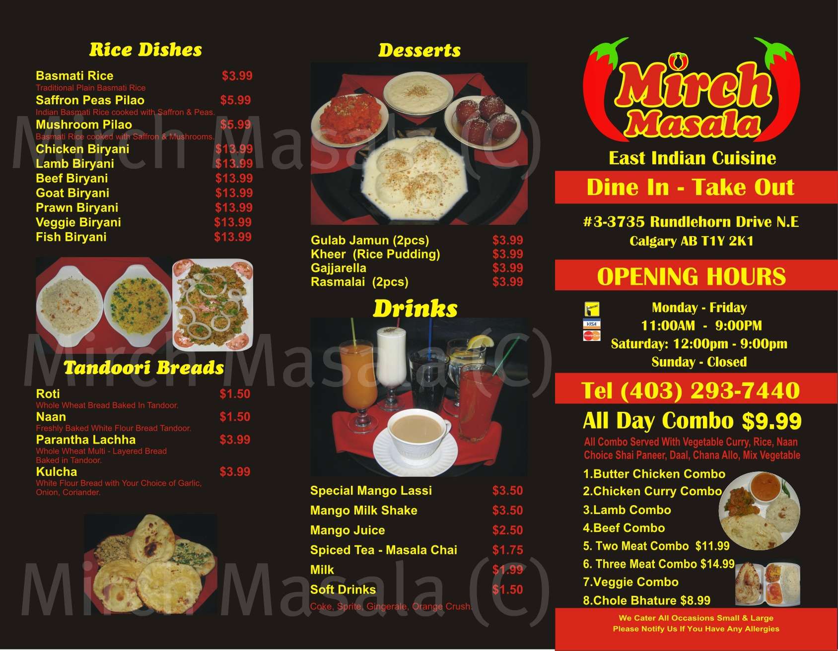 Menu at Mirch Masala restaurant, Calgary, Rundlehorn Dr NE