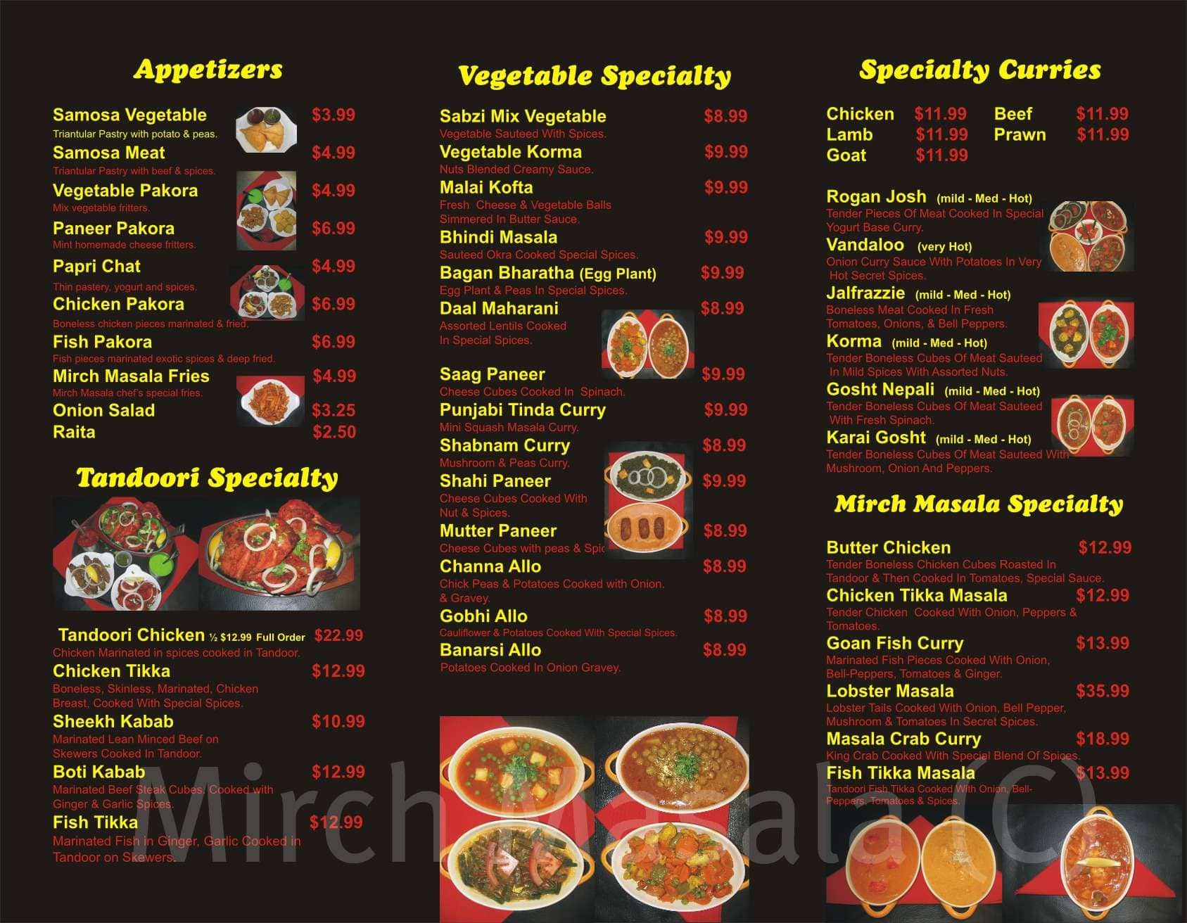 Menu at Mirch Masala restaurant, Calgary, Rundlehorn Dr NE