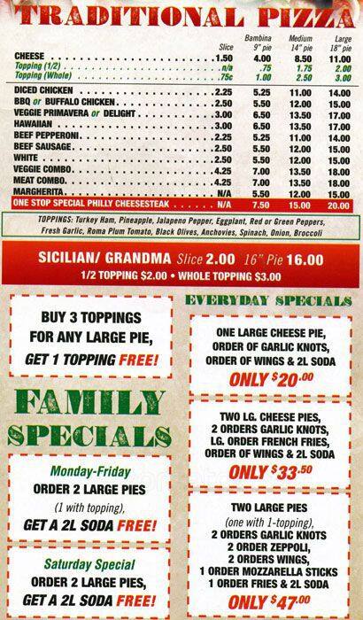 Menu at One Stop Pizza pizzeria, New York City