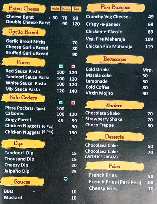 Menu of Pizza Fire, Tughlakabad Institutional Area, New Delhi