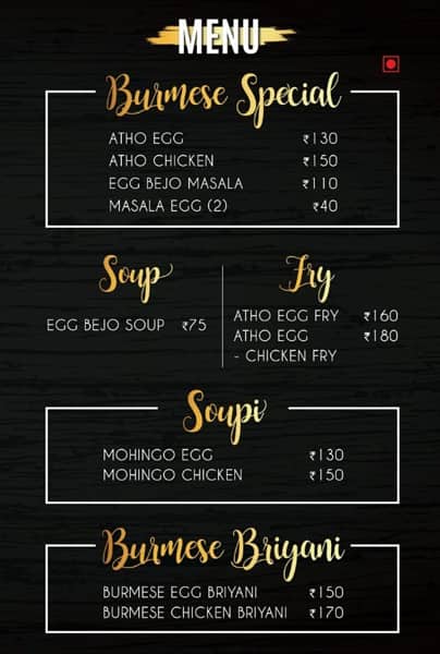 Menu of Burmese Tea House, Egmore, Chennai