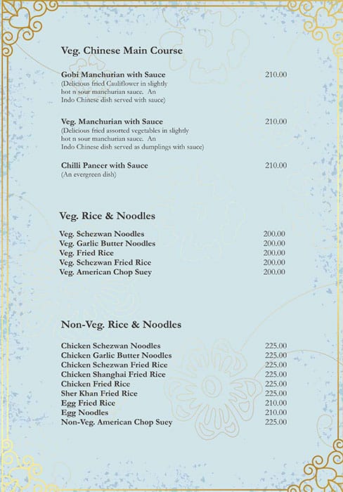 Menu at Golden Sidra (formally Sherkhan), Bengaluru