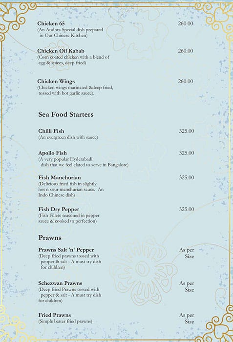 Menu at Golden Sidra (formally Sherkhan), Bengaluru