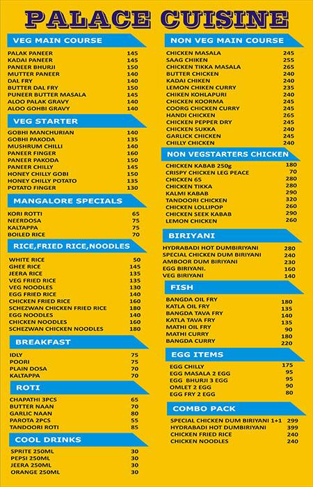 Menu of Palace Cuisine, Whitefield, Bangalore