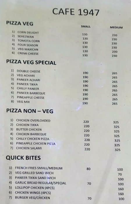 Menu of Cafe 1947, Marathahalli, Bangalore