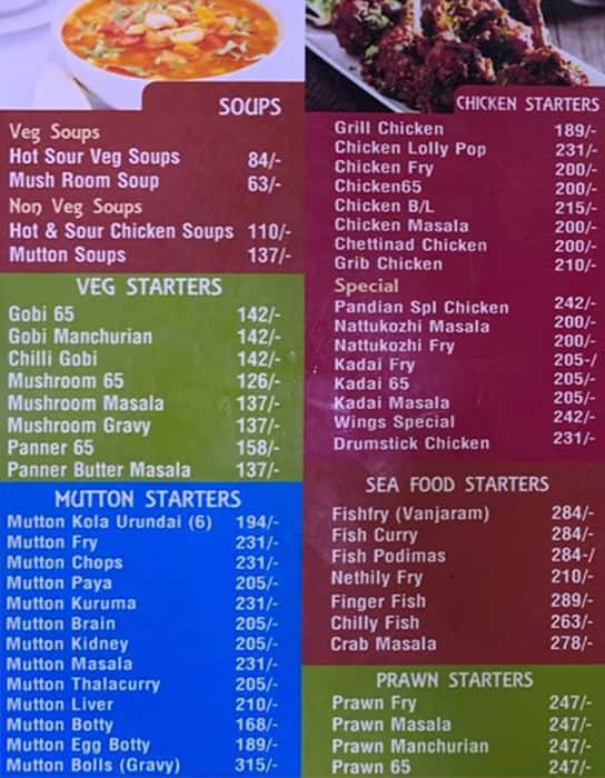 Menu of Hotel Pandian, Maduravoyal, Chennai