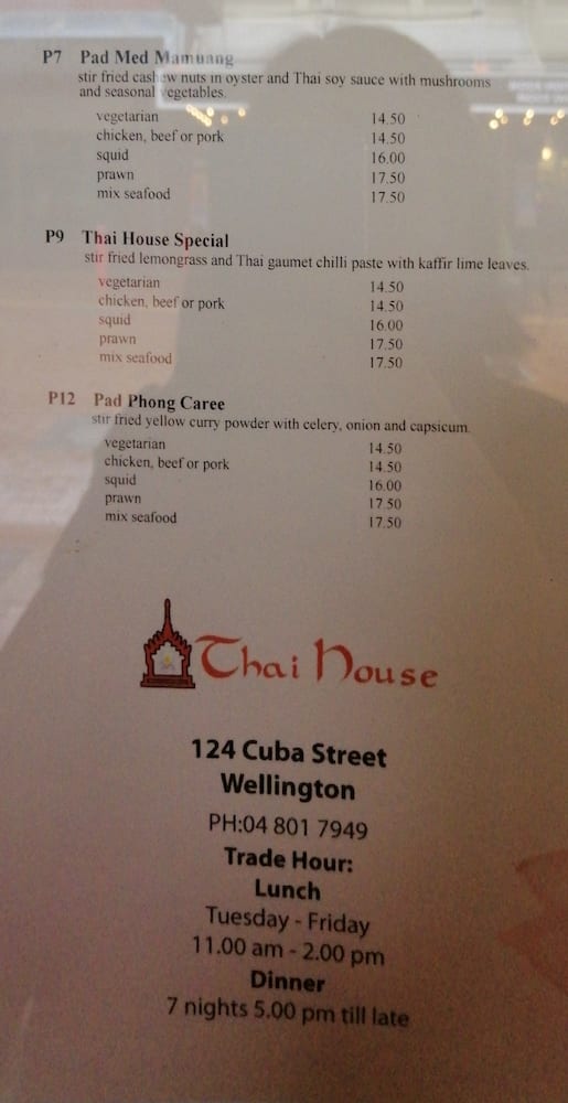 Menu at Thai House restaurant, Wellington
