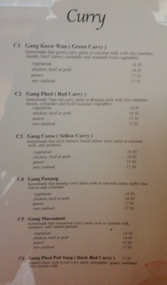 Menu at Thai House restaurant, Wellington
