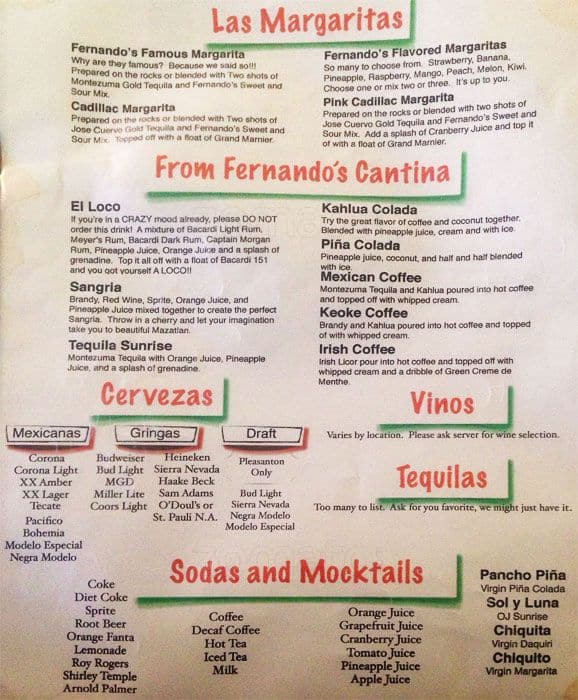 Menu at Fernando's Méxican Restaurant, San Mateo