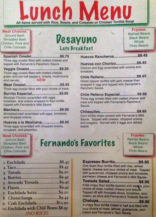 Menu at Fernando's Méxican Restaurant, San Mateo