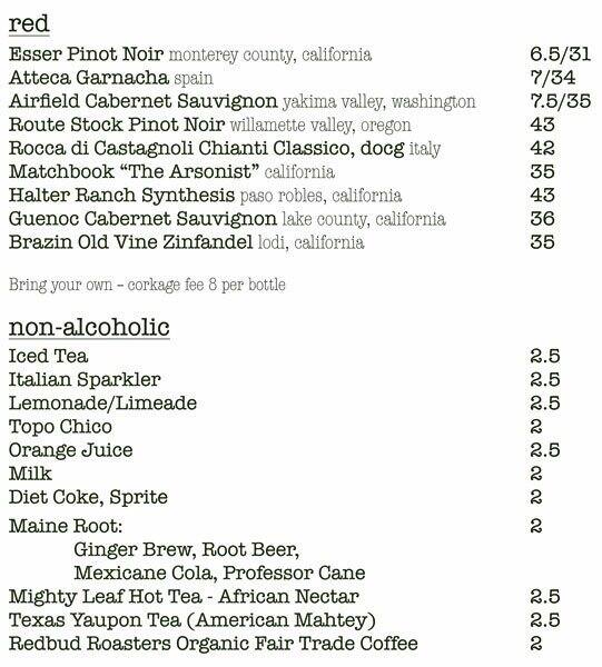 Menu at Leaning Pear pizzeria, Wimberley