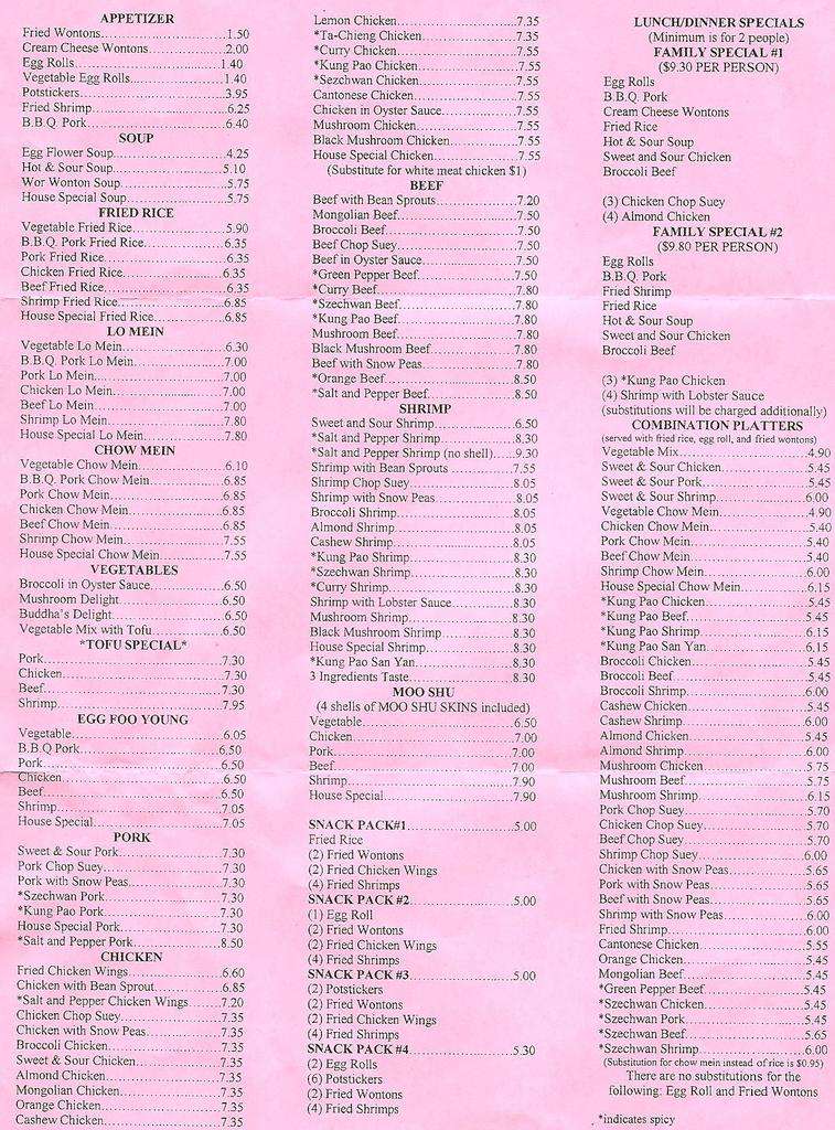 Menu at Chef China restaurant, Spring Valley, Campo Rd