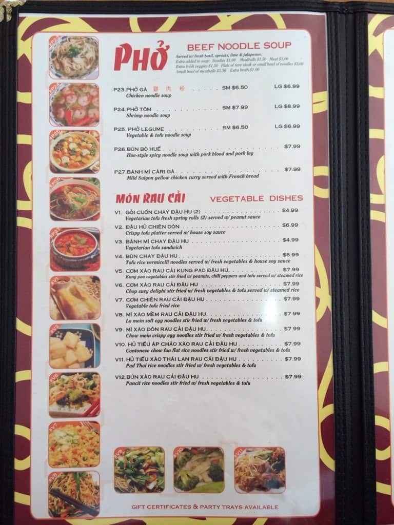 Menu at Pho Saigon Express restaurant, Escondido