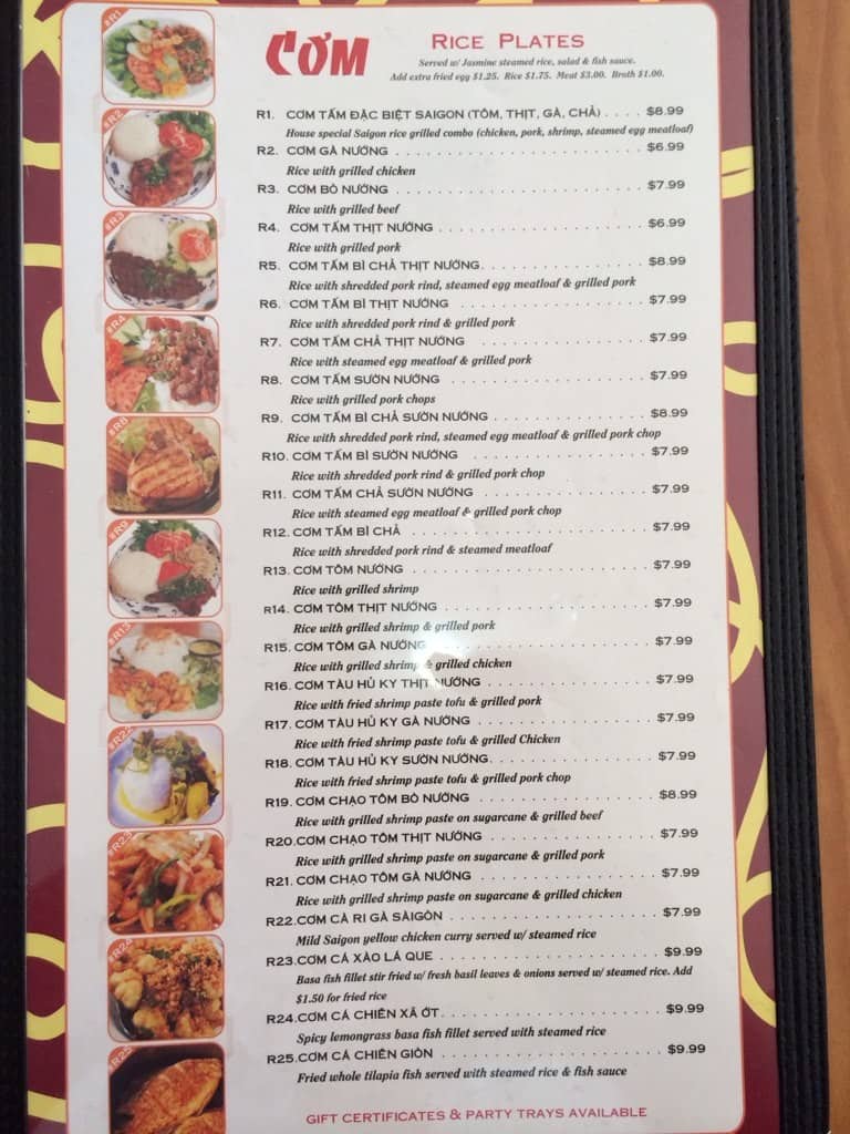 Menu at Pho Saigon Express restaurant, Escondido