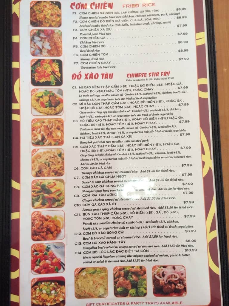 Menu at Pho Saigon Express restaurant, Escondido