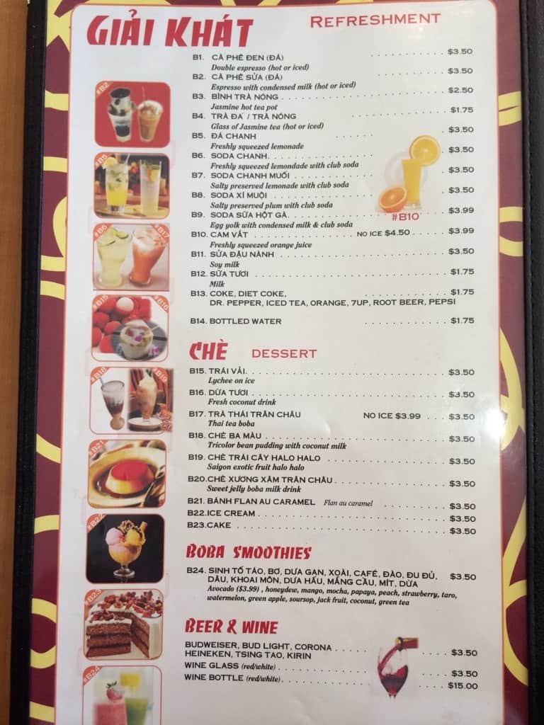 Menu at Pho Saigon Express restaurant, Escondido