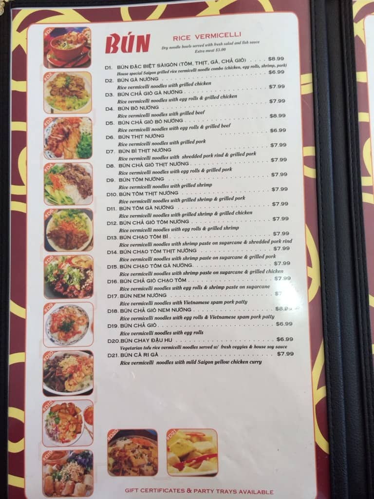 Menu at Pho Saigon Express restaurant, Escondido