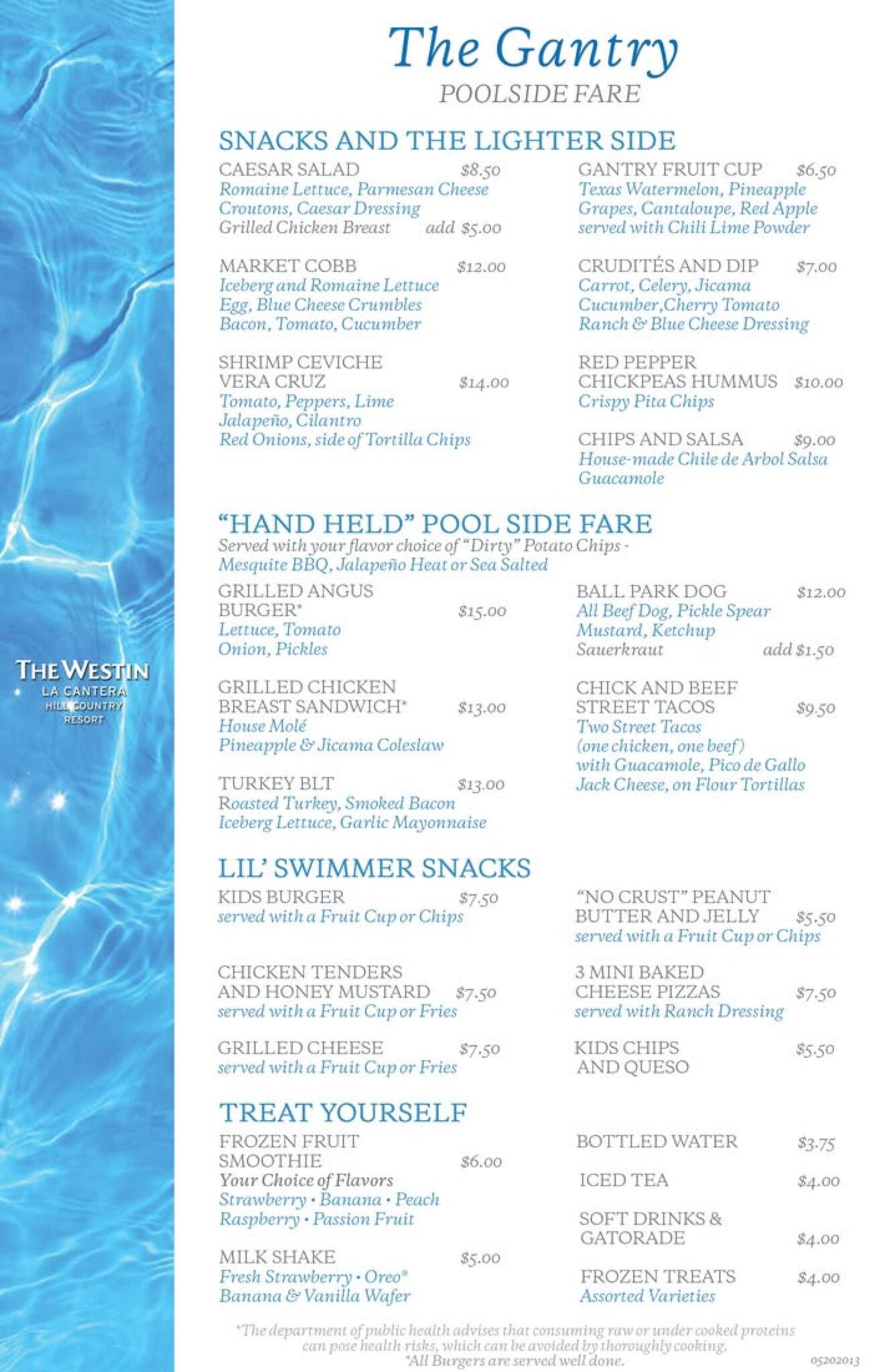 The Gantry menu, Menu restauracji The Gantry, La Cantera/Six Flags, San ...