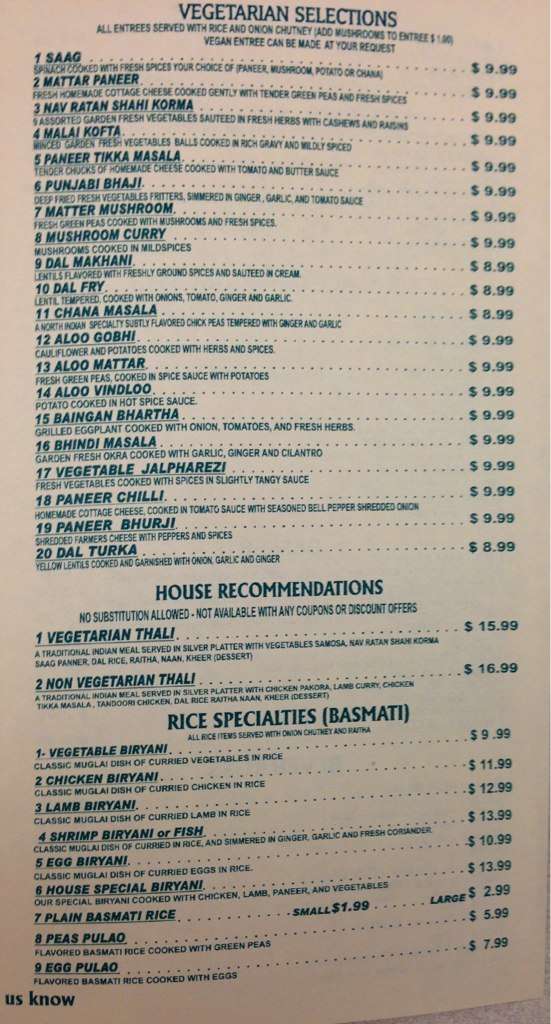 Menu at Delhi Palace Restaurant, Indianapolis, 901 Indiana Ave